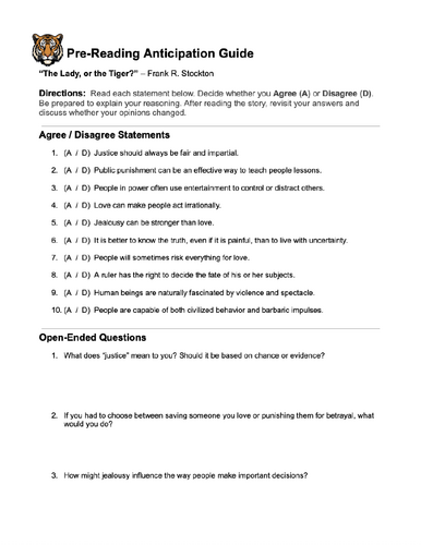 "The Lady or the Tiger" by Frank Stockton Complete Unit Bundle ...