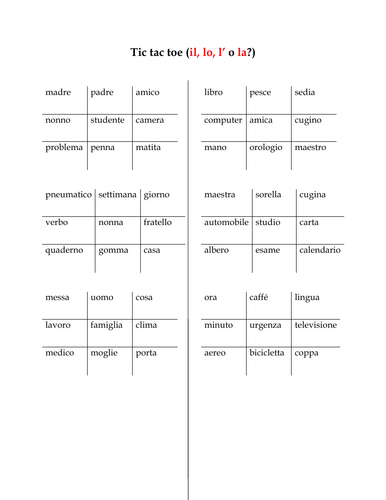 Tic Tac Toe Italian Definite Articles Worksheet | Teaching Resources