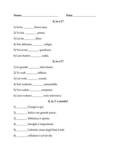 Articles in Italian | Articoli Definiti | Worksheets | Teaching Resources