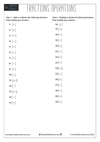 Fraction Operations - Maths GCSE Foundation Worksheet | Teaching Resources