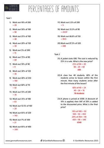Percentages Of Amounts Maths Gcse Foundation Worksheet Teaching