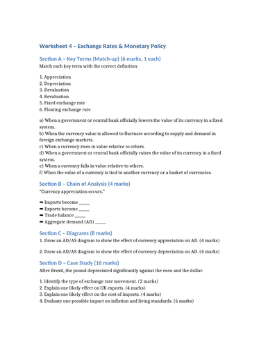 A Level Economics Monetary policy Worksheers and answers | Teaching ...
