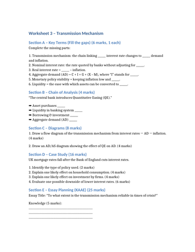 A Level Economics Monetary policy Worksheers and answers | Teaching ...