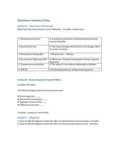 A Level Economics Monetary policy Worksheers and answers | Teaching ...