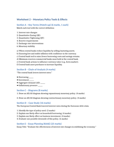 A Level Economics Monetary policy Worksheers and answers | Teaching ...