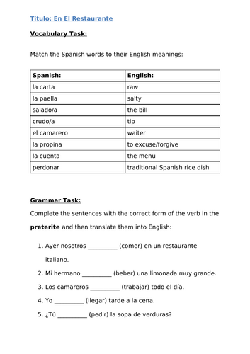 "En el restaurante": Spanish listening/comprehension activities (KS4/5 ...
