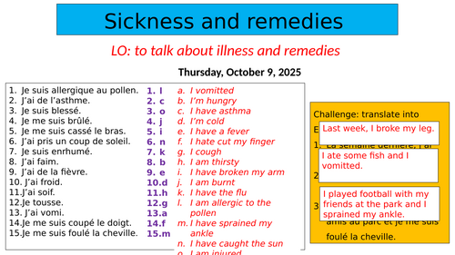 GCSE FRENCH - Sickness + remedies | Teaching Resources