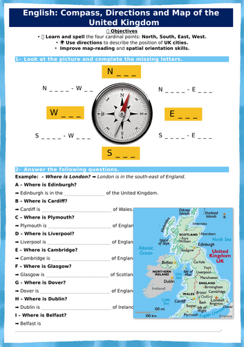 Compass Directions – Map of the United Kingdom (ESL Worksheet ...