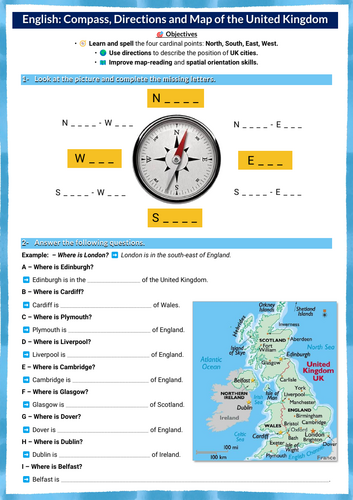 Compass Directions – Map of the United Kingdom (ESL Worksheet ...