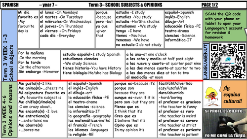 KS3 Spanish Y7 School & Opinions Knowledge Organiser | Teaching Resources