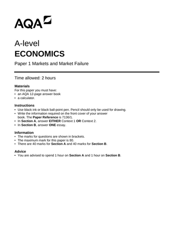 A-Level Economics Y13 Mock Exam Pack 1 (Paper 1) | Teaching Resources