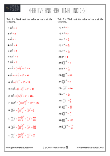 Negative and Fractional Indices - Maths Higher GCSE Worksheet ...
