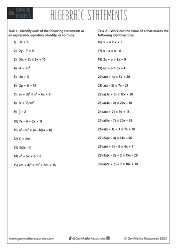 Algebraic Statements Worksheet - Maths Foundation GCSE Worksheet ...