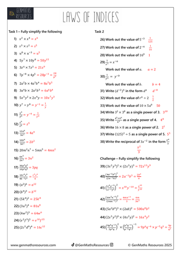 Laws of Indices - Maths Foundation GCSE Worksheet | Teaching Resources