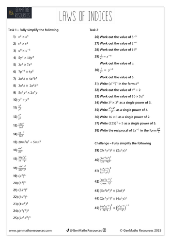 Laws of Indices - Maths Foundation GCSE Worksheet | Teaching Resources