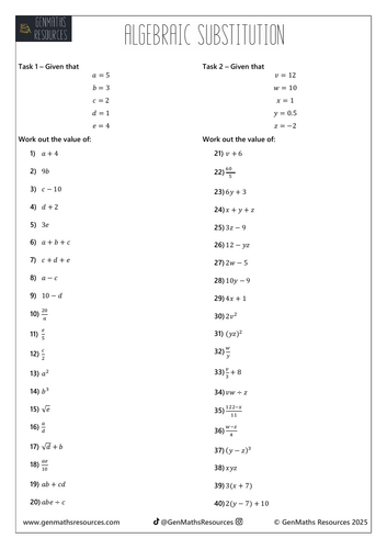 Algebraic Substitution - Maths Foundation GCSE Worksheet | Teaching ...