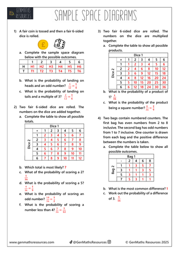 Sample Space Diagrams - Maths Foundation GCSE Worksheet | Teaching ...