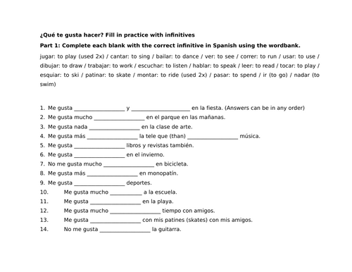 ¿Qué te gusta hacer? Fill in practice with infinitives | Teaching Resources