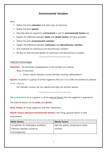 Environmental Variation KS3 with practice questions | Teaching Resources