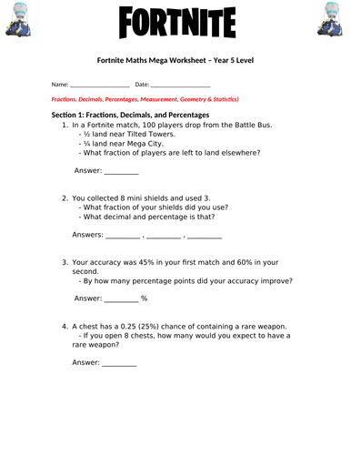Fortnite Maths Mega Worksheet – Year 5 (Fractions, Decimals ...