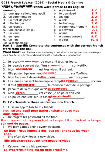 KS4 French GCSE (2024) Edexcel Vocabulary Workout Social Media and ...