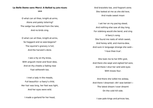 La Belle Dame Sans Merci Analysis Lesson POETRY | Teaching Resources