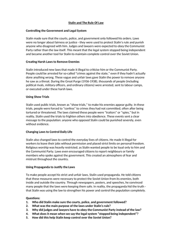 Russian Revolution - Stalin and The Rule Of Law Context Worksheet ...