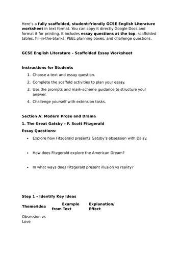 Student-friendly GCSE English Literature worksheet | Teaching Resources