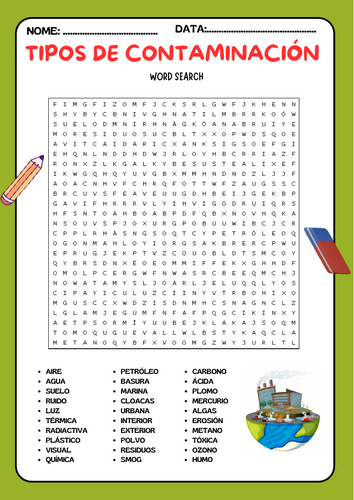Actividad de Sopa de Letras: “Tipos de Contaminación” | Teaching Resources