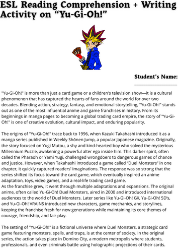 ESL Reading Comprehension + Essay - Yu-Gi-Oh! - Japanese Anime and ...