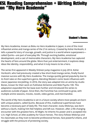 ESL Reading Comprehension + Essay - My Hero Academia - Japanese Anime ...