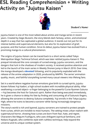 ESL Reading Comprehension + Writing Activity - Jujutsu Kaisen ...