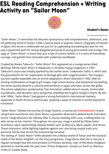 ESL Reading Comprehension + Writing Activity Worksheets on "Sailor Moon ...