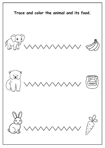 Trace and Color the Animal and Its Food – Fine Motor Skills Worksheets ...