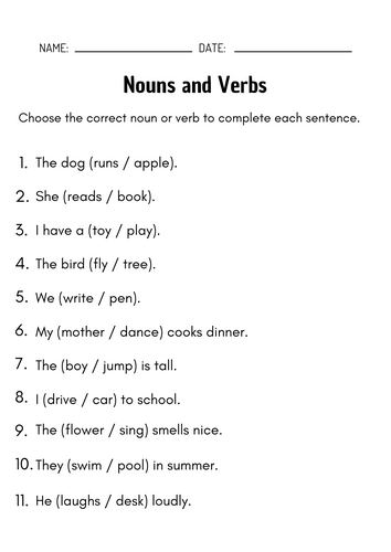 Nouns and Verbs - Nouns and Verbs Grammar Worksheets | Teaching Resources