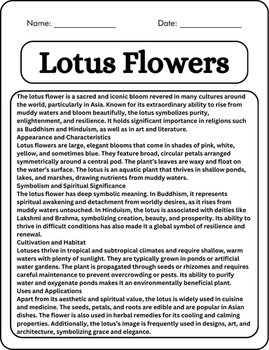 Lotus Flowers - Flowers Reading Comprehension Passages & Questions ...