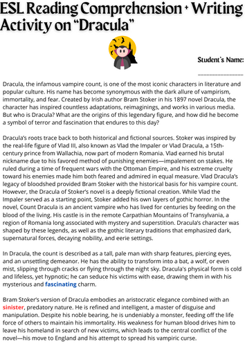ESL Reading Comprehension + Writing Activity Worksheets on Dracula ...
