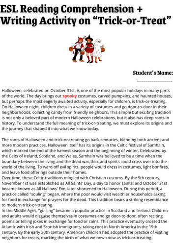 ESL Reading Comprehension + Essay Worksheets - Halloween Trick or Treat ...