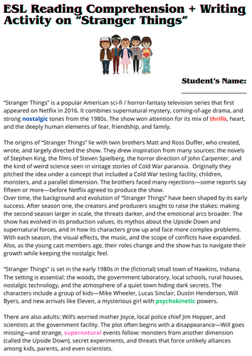 ESL Reading Comprehension + Writing Activity Worksheets on "Stranger Things" | Teaching Resources