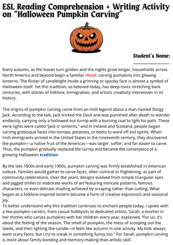 ESL Reading Comprehension + Writing Activity - Halloween Pumpkin ...