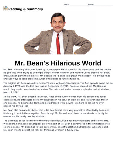 Mr. Bean's Hilarious World. Reading Comprehension & Vocabulary (English ...
