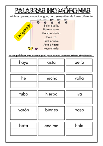 Palabras Homófonas- Spanish Homophones | Teaching Resources