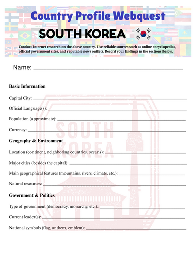 Country Profiles: South Korea Webquest Worksheet | Teaching Resources