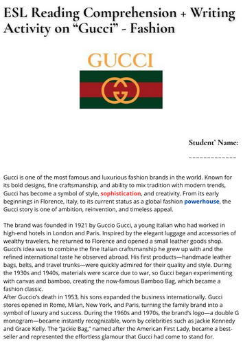 ESL Reading Comprehension + Writing Activity Worksheets - Gucci ...