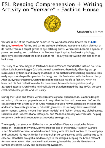 ESL Reading Comprehension + Writing Activity Worksheet - Versace ...
