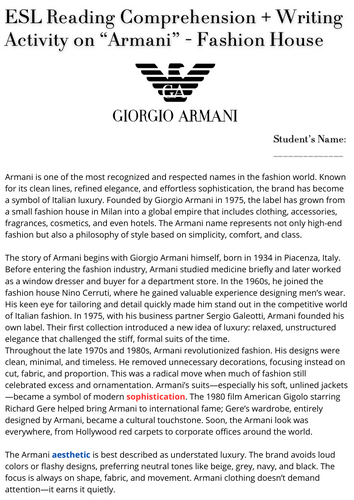 ESL Reading Comprehension + Writing Activity - Armani - Italian Fashion ...