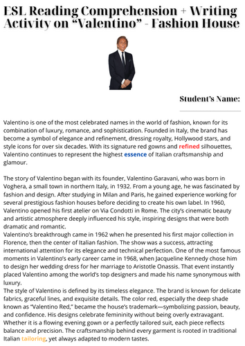 ESL Reading Comprehension + Writing Activity - Valentino - Italian ...