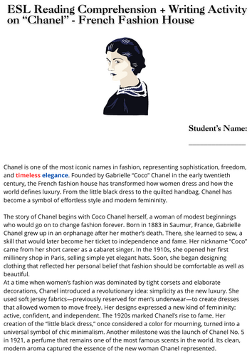 ESL Reading Comprehension + Writing Activity - Chanel - French Fashion ...
