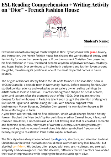 ESL Reading Comprehension + Writing Activity Worksheets - Dior - French ...
