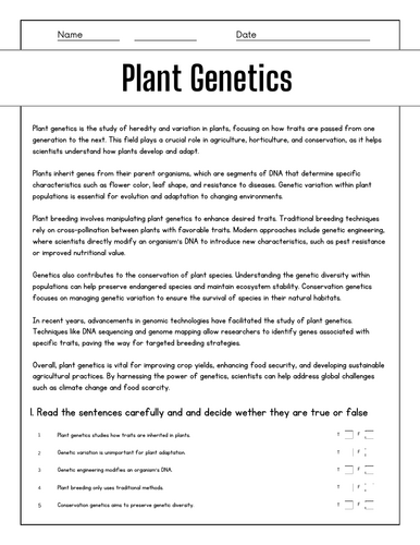 Plant Genetics: Reading Comprehension Passages & Questions Worksheets ...